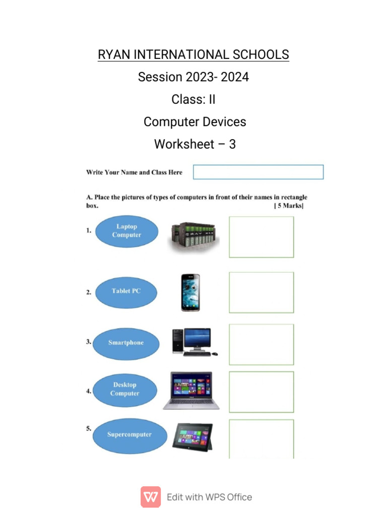 Ryan International Schools Session 2023-2024 Class: II Computer Devices Worksheet - 3 | PDF ...