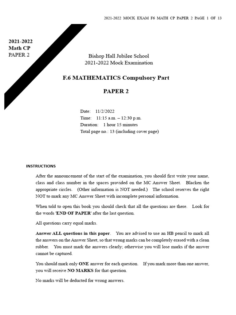 Bishop Hall Jubilee School 2021-2022 Mock Examination Paper2 | PDF | Area | Circle