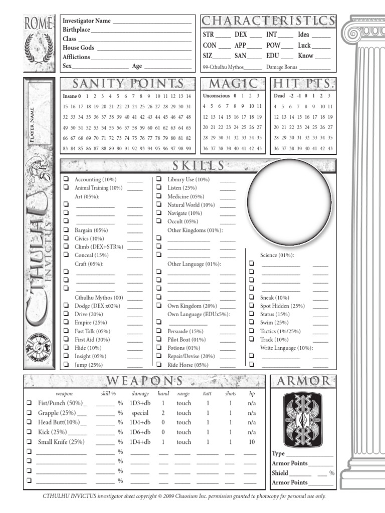 Cthulhu Invictus Character Sheet | PDF
