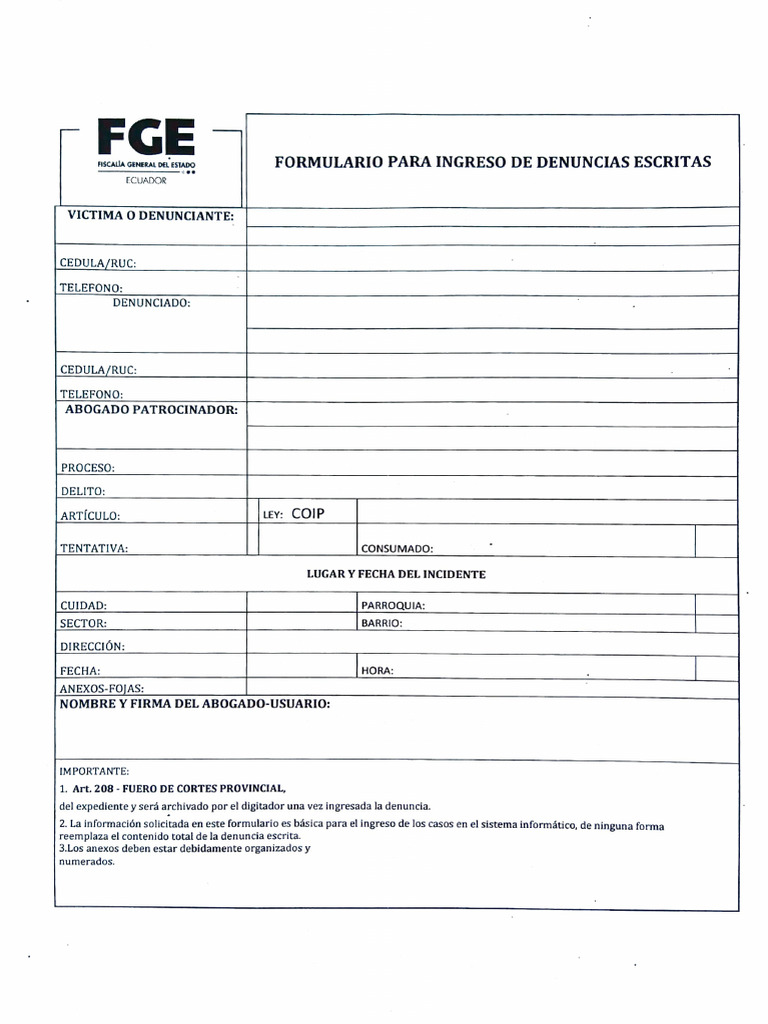 Formulario para Ingreso de Denuncia Escrita en La Fiscalia | PDF