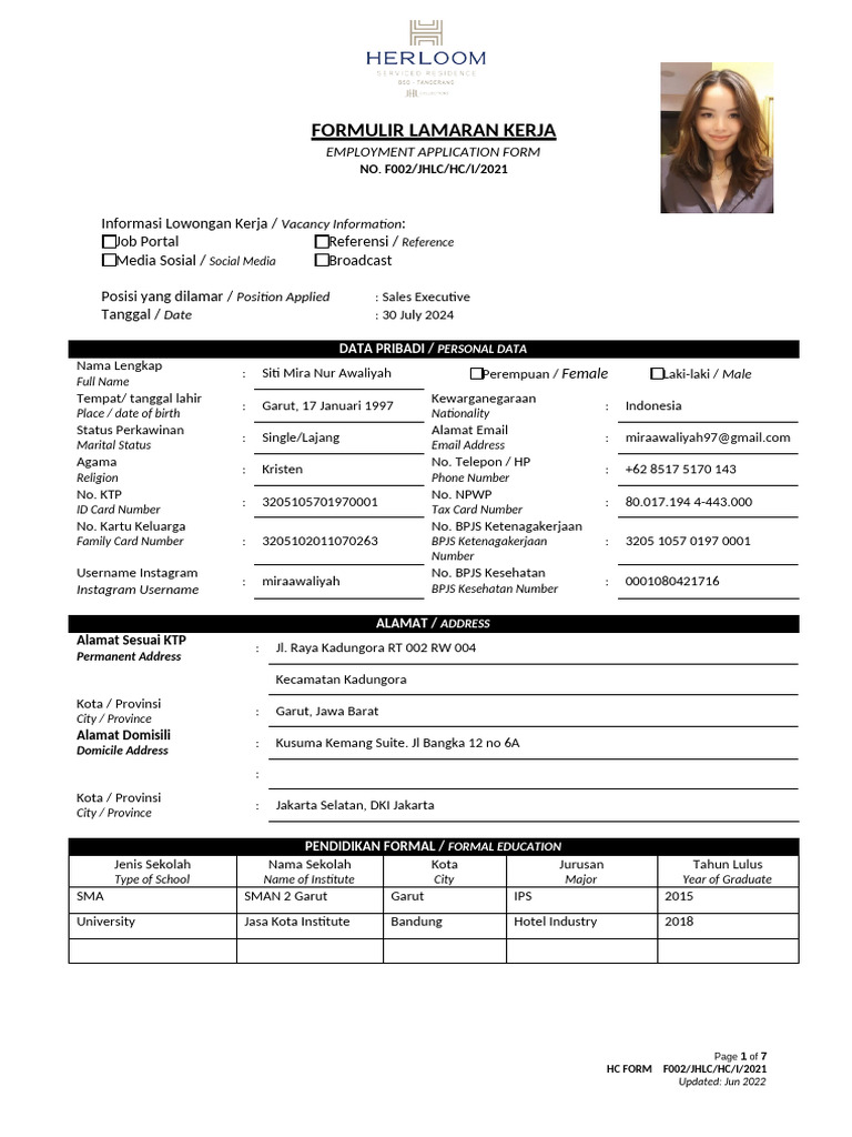 F002 - Employment Application Form (Mira) | PDF