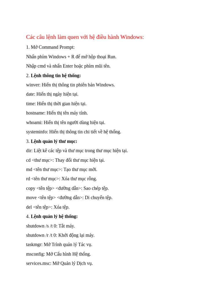 Các câu lệnh làm quen với hệ điều hành Windows+ linux | PDF