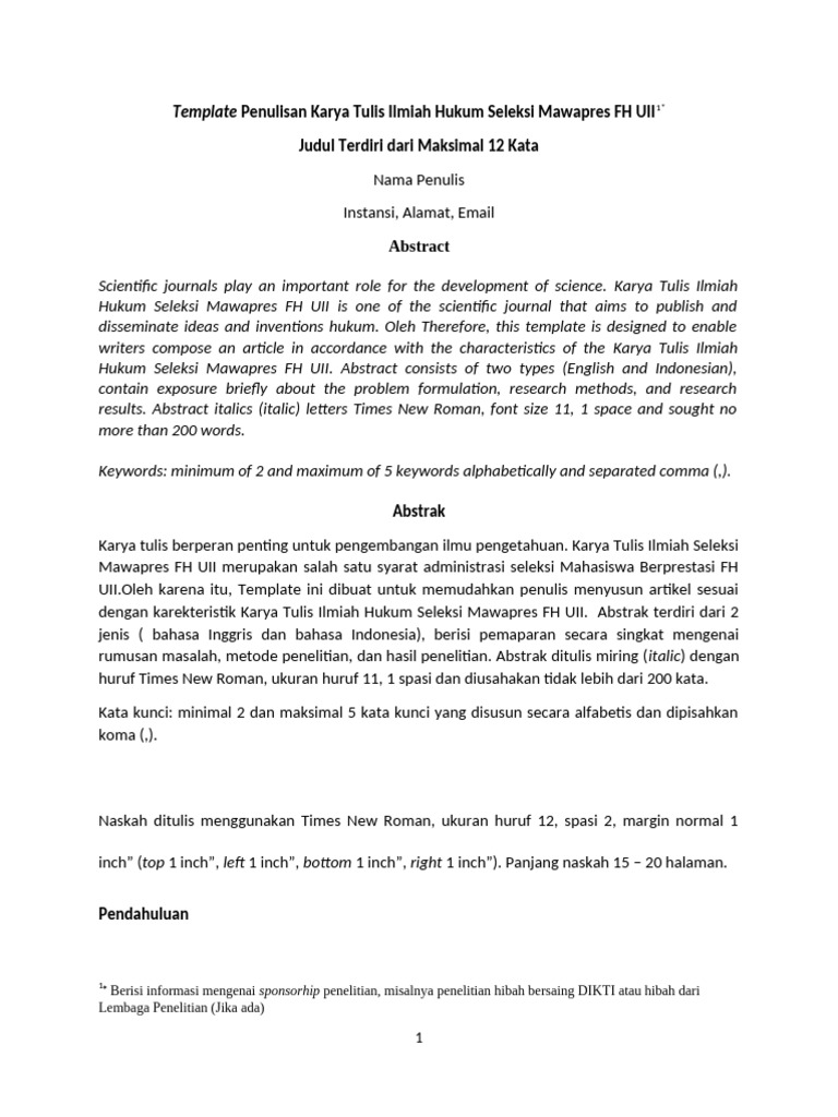 Template Karya Tulis Ilmiah SELEKSI MAWAPRES FH UII | PDF