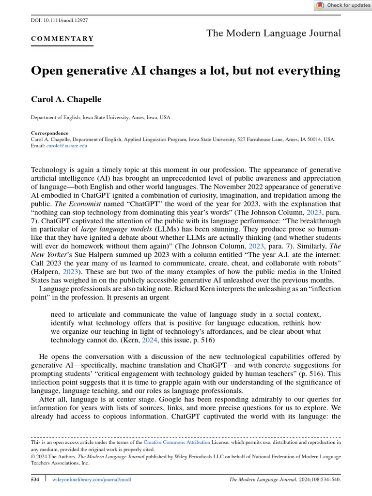 The Modern Language Journal - 2024 - Chapelle - Open Generative AI ...