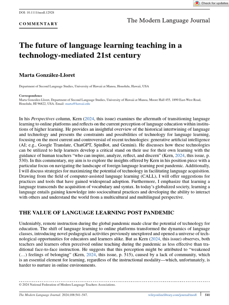 The Modern Language Journal - 2024 - González Lloret - The Future of Language Learning Teaching ...