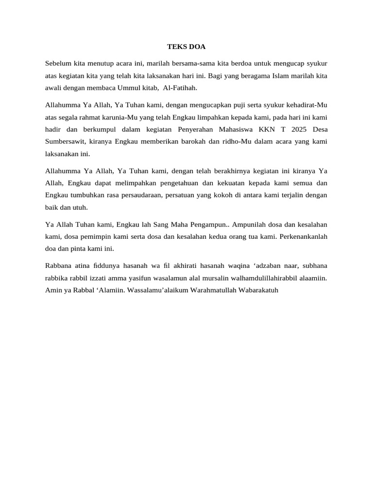 Teks Doa Penyerahan KKN | PDF