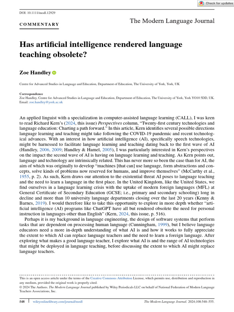 The Modern Language Journal - 2024 - Handley - Has Artificial ...