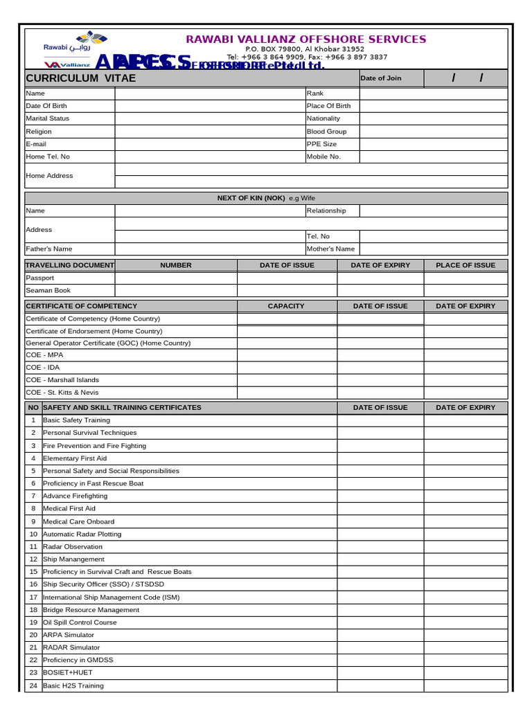 CV Form - Rawabi Vallianz | PDF | Ships | Shipping