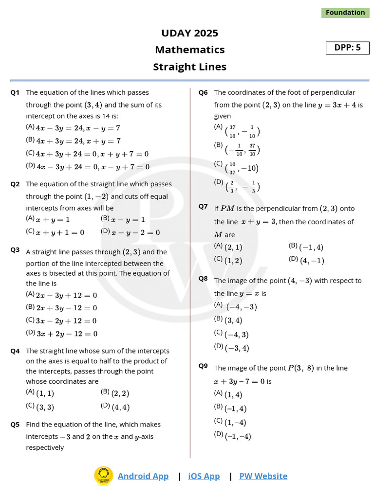 Straight Lines DPP 05 Uday 20256735a04a7cc026a1b0cdc643 | PDF | Euclid | Analytic Geometry