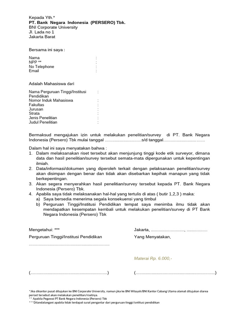 01.formulir Permohonan Riset Di BNI | PDF