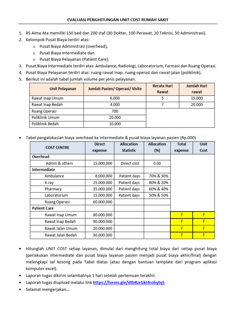 SOAL Penghitungan Unit Cost RS EVALUASI Des 2024 | PDF