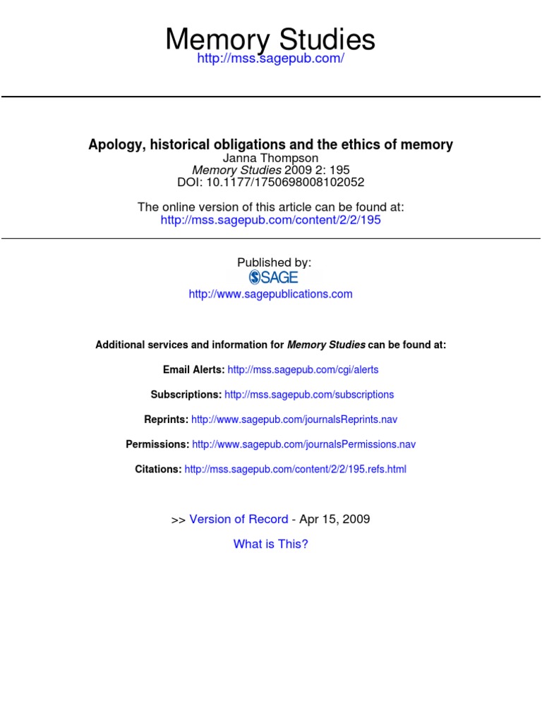 Memory Apology, Historical Obligations and The Ethics of Memory | PDF ...
