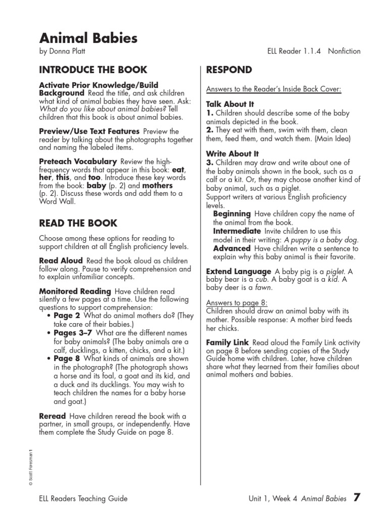 Animal Babies (Nonfiction) - Teacher's Guide | PDF | Reading ...