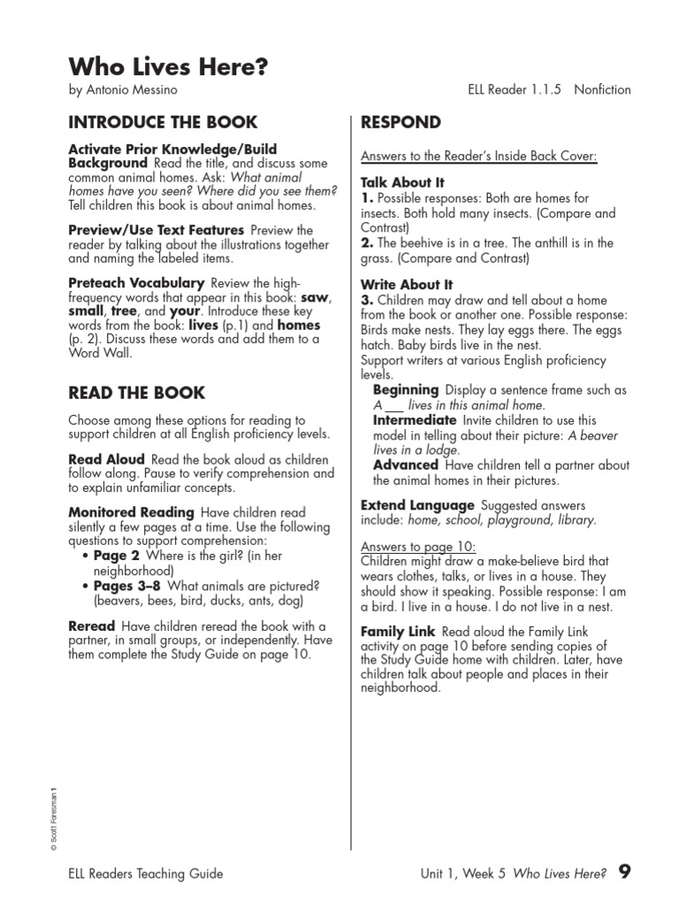 Who Lives Here? ELL Teaching Guide | PDF | Reading Comprehension ...