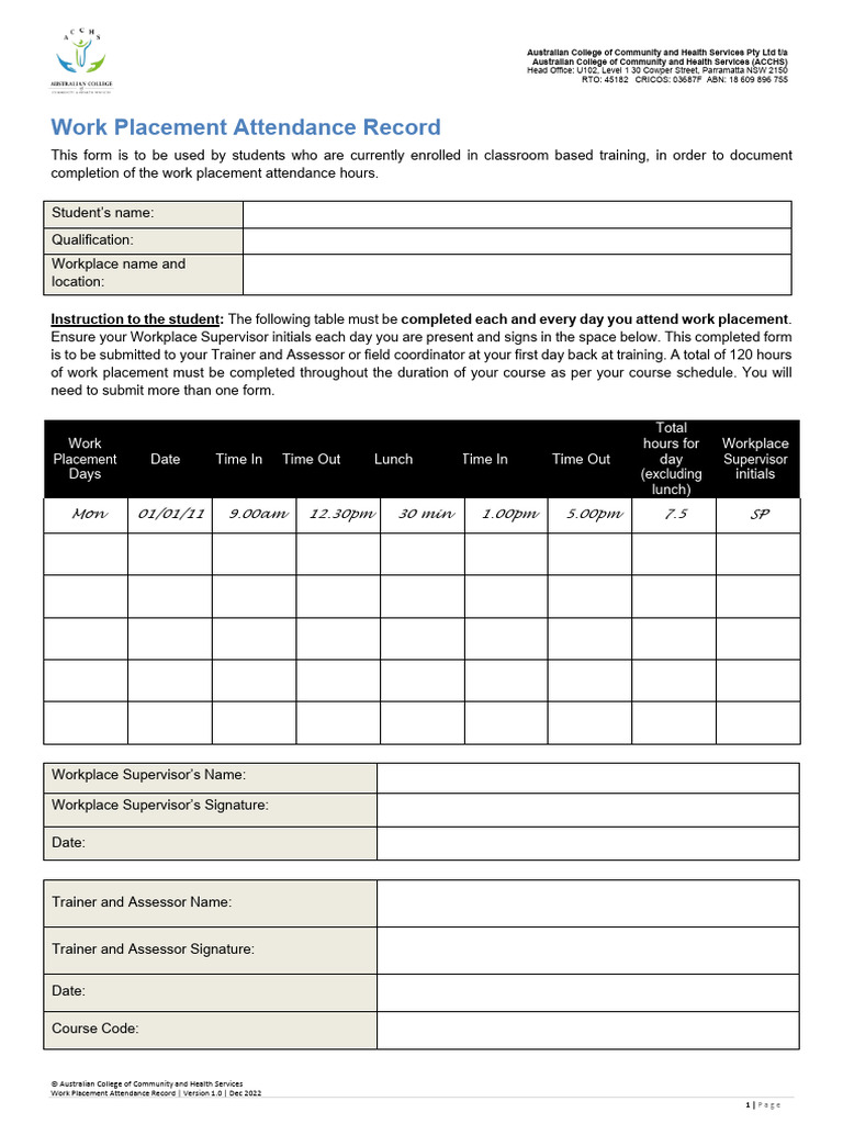 ACCHS Work Placement Attendance Record v1.0 Dec2022 | PDF | Students
