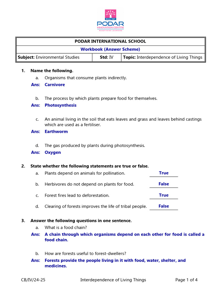 Interdependence of Living Things for Class 4 | PDF | Foods | Plants