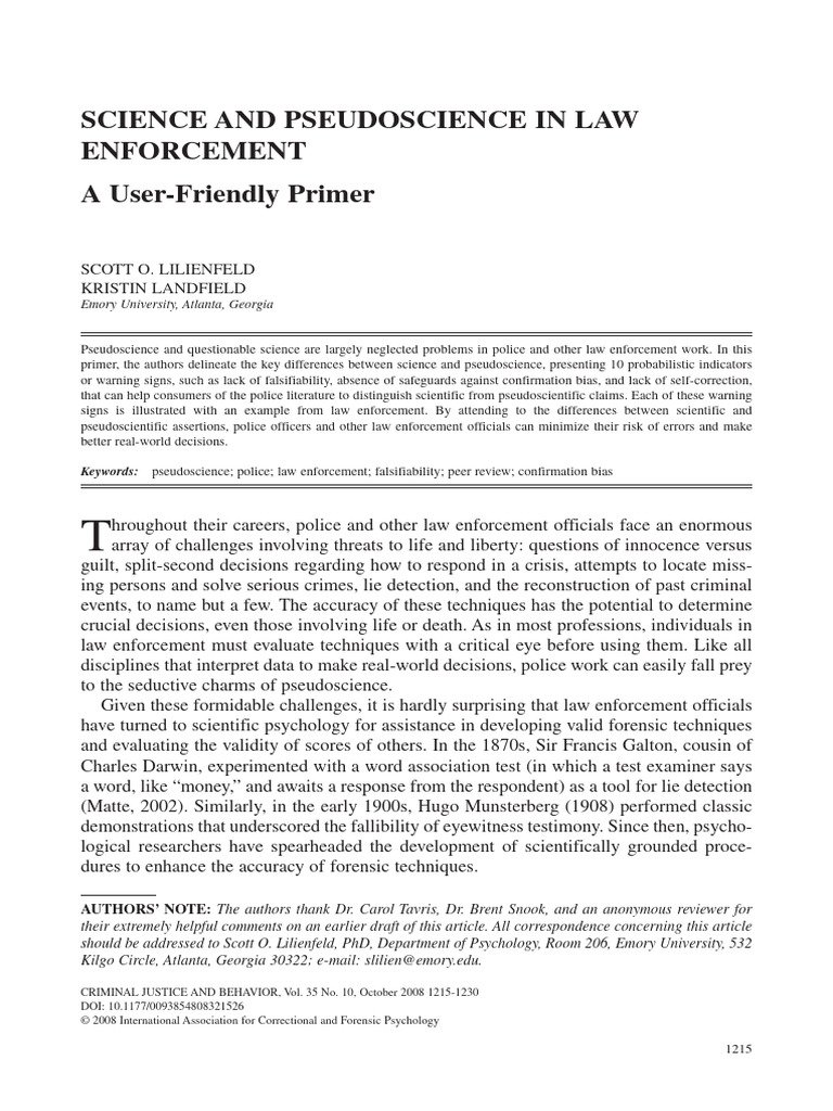 Lilienfeld Landfield - Science Pseudoscience in Law Enforcement - 2008 | PDF | Pseudoscience ...