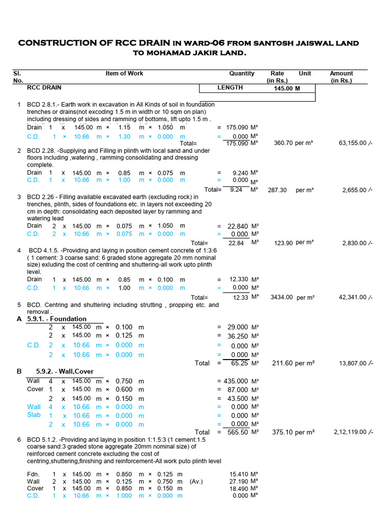RCC Drain Construction Cost Estimate | PDF | Natural Materials ...