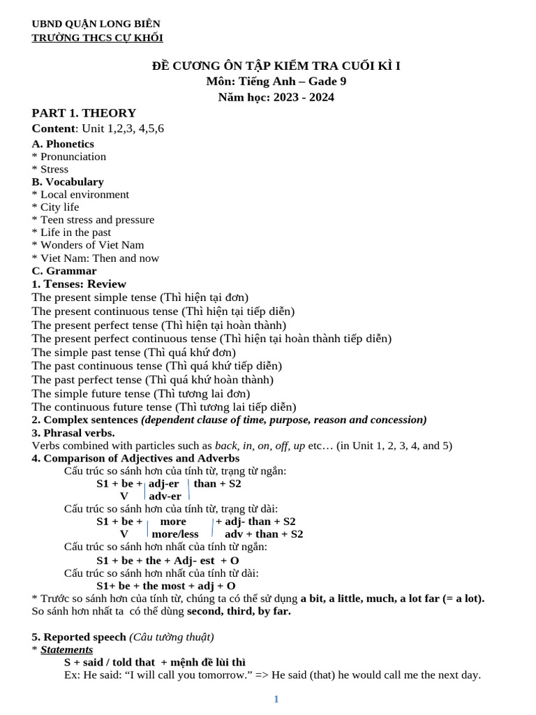de-cuong-anh-9-cuoi-hk1-23-24_14122023 | PDF | Grammatical Tense