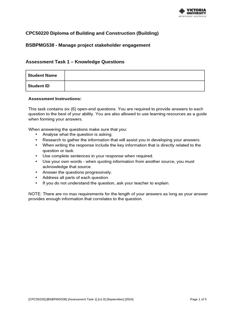 BSBPMG538 Assessment Task 1 - Knowledge Questions Template | PDF | Question | Theory
