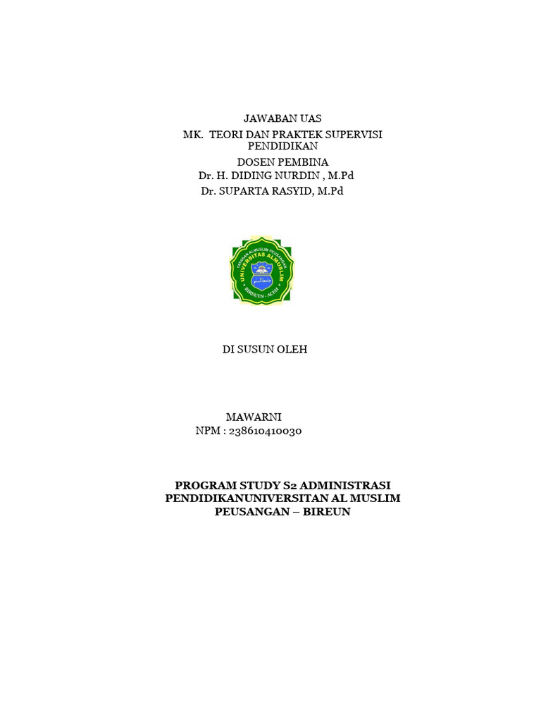 Jawaban UAS MK Teori Supervisi Mawarni (238610410030) | PDF