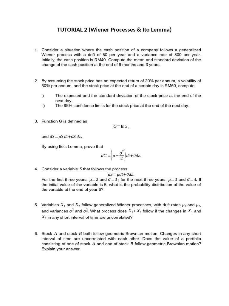 TUTORIAL 2 (Wiener Processes and Black Scholes) | PDF