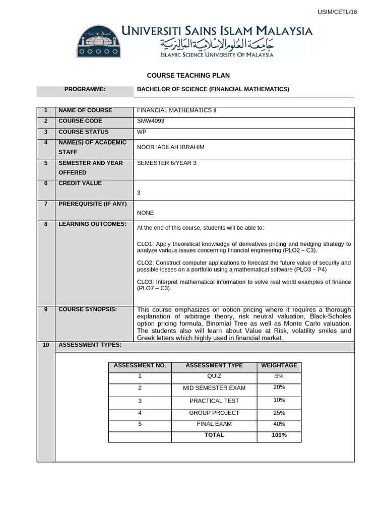 SMW4093 Course Teaching Plan A241 | PDF | Option (Finance) | Black ...
