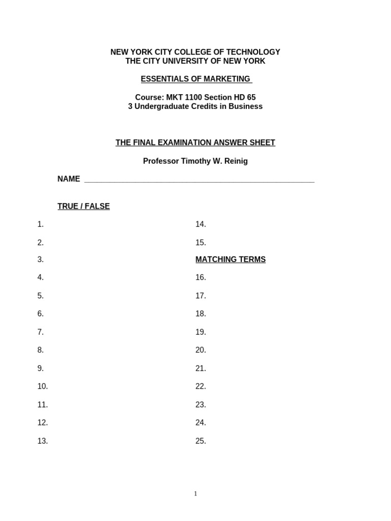 Fully Online Answer Sheet - MKT 1100 Final Examination | PDF