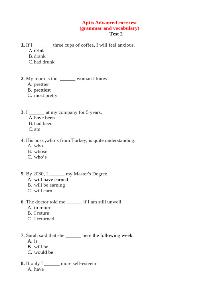 Aptis Advanced Grammar & Vocabulary Test | PDF
