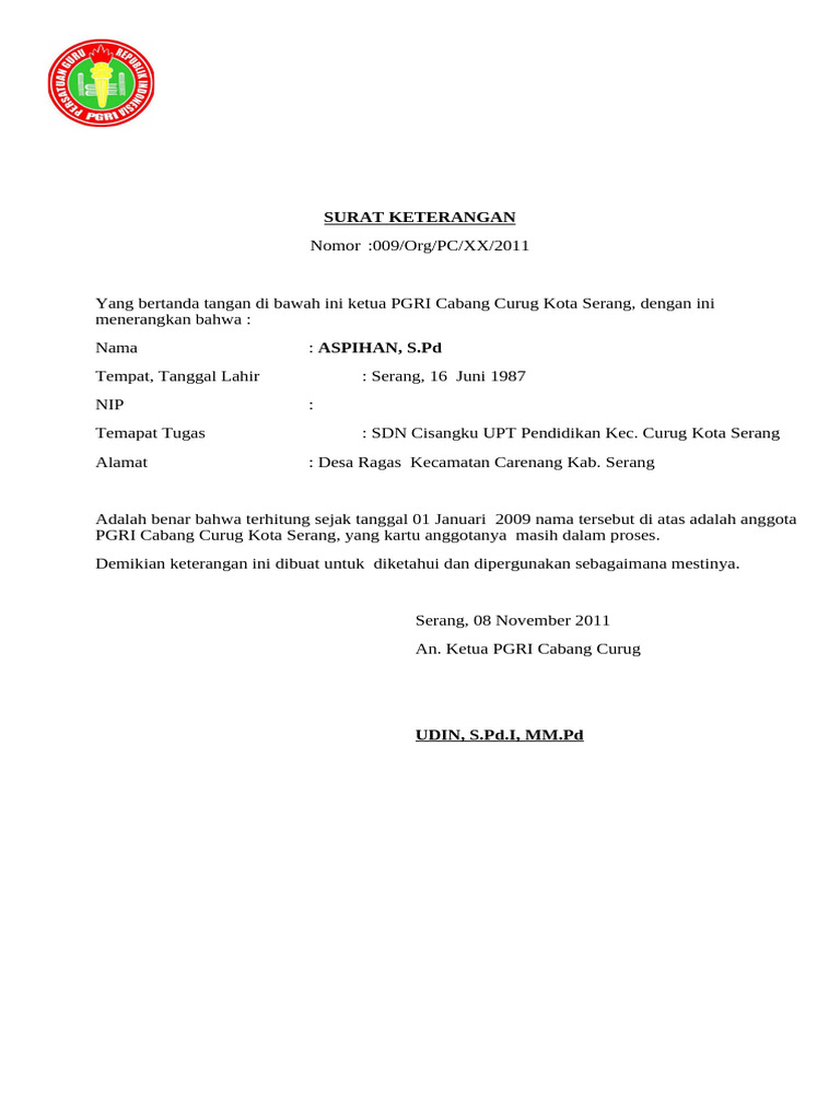 SURAT KETERANGAN Anggota PGRI | PDF