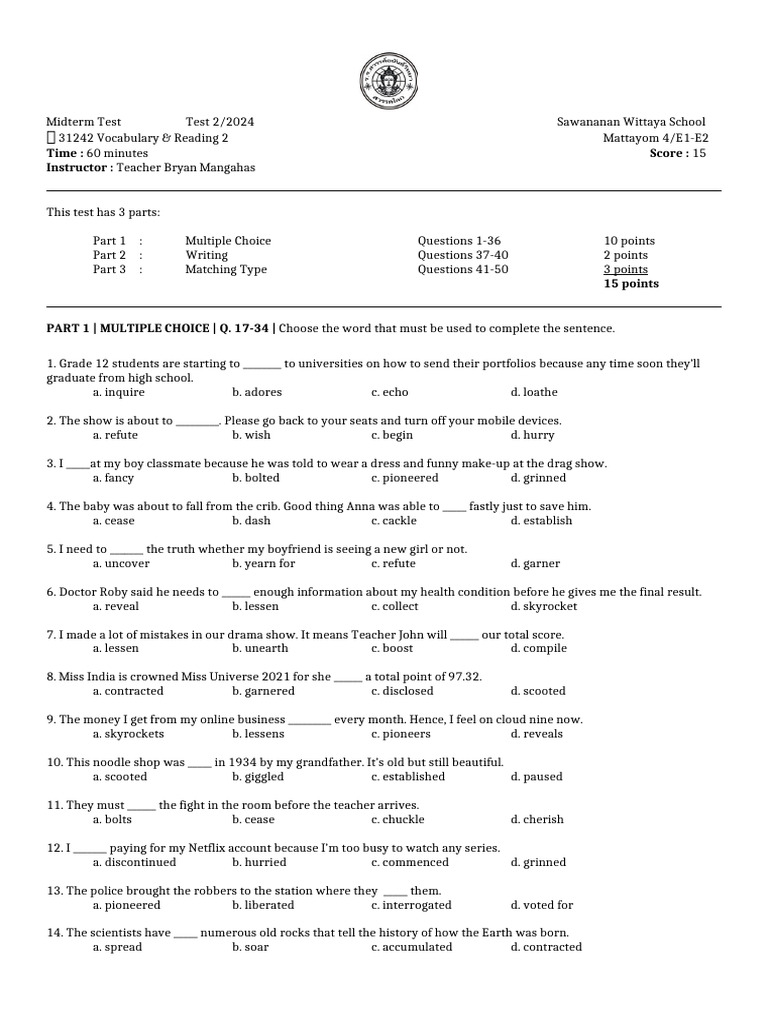 Midterm Test - V&R Synonyms | PDF