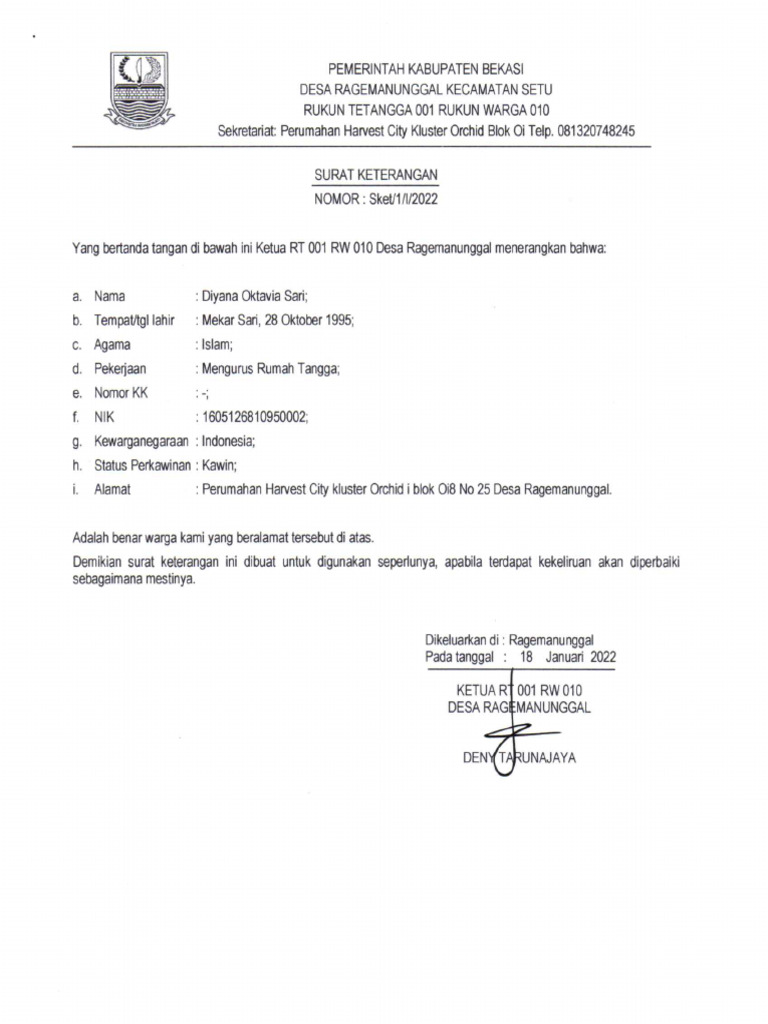 Surat Keterangan Domisili Diyana Oktavia Sari | PDF