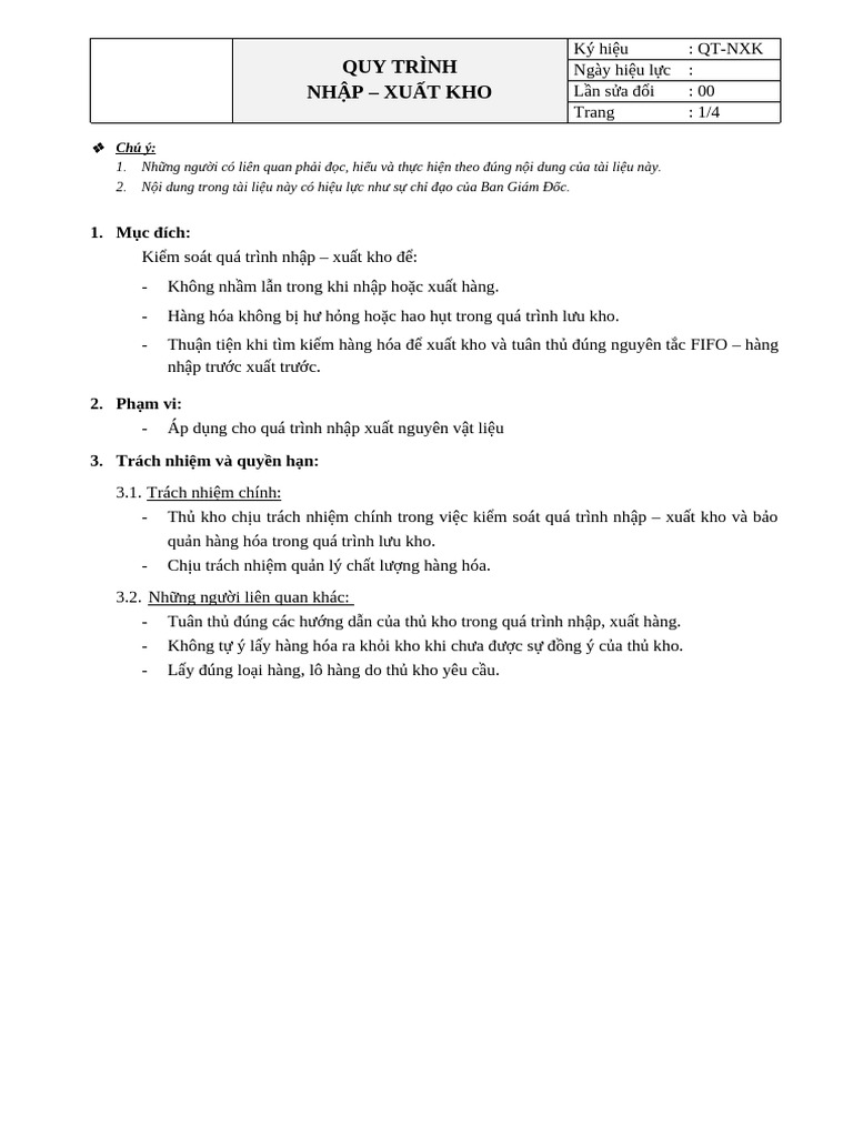 01. Qui trinh nhap xuat kho | PDF
