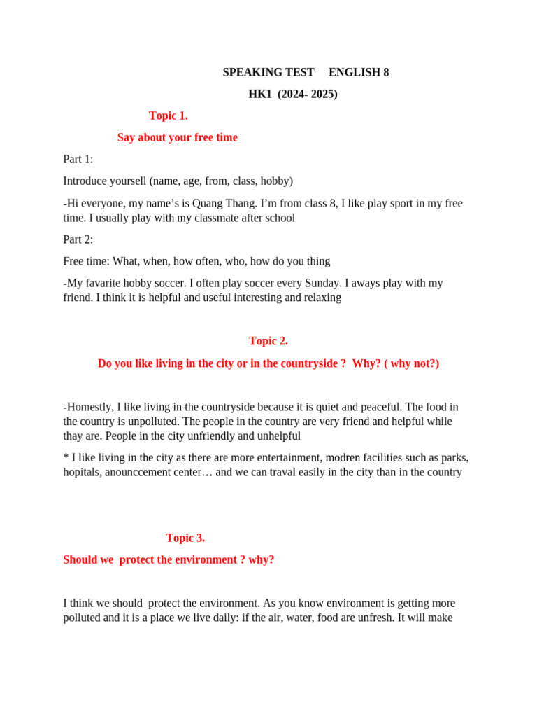 SPEAKING TEST ENGLISH 8 (Ok) | PDF