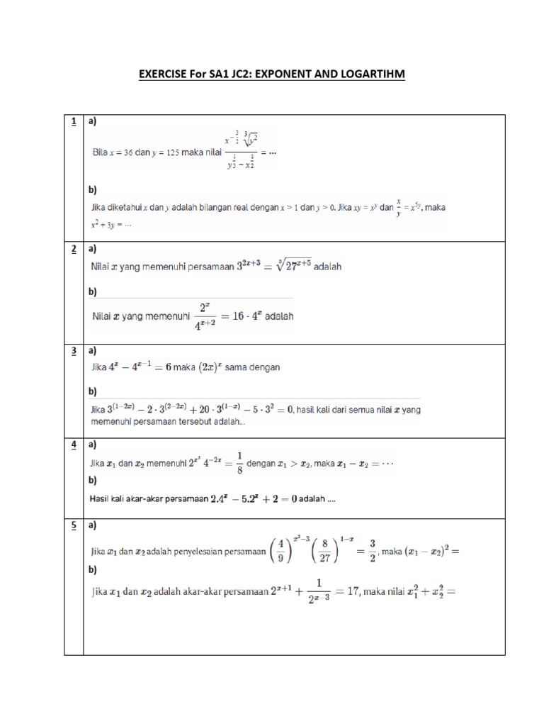 Exercise SA1 Eksponen Dan Logaritma Serta Pembahasan | PDF