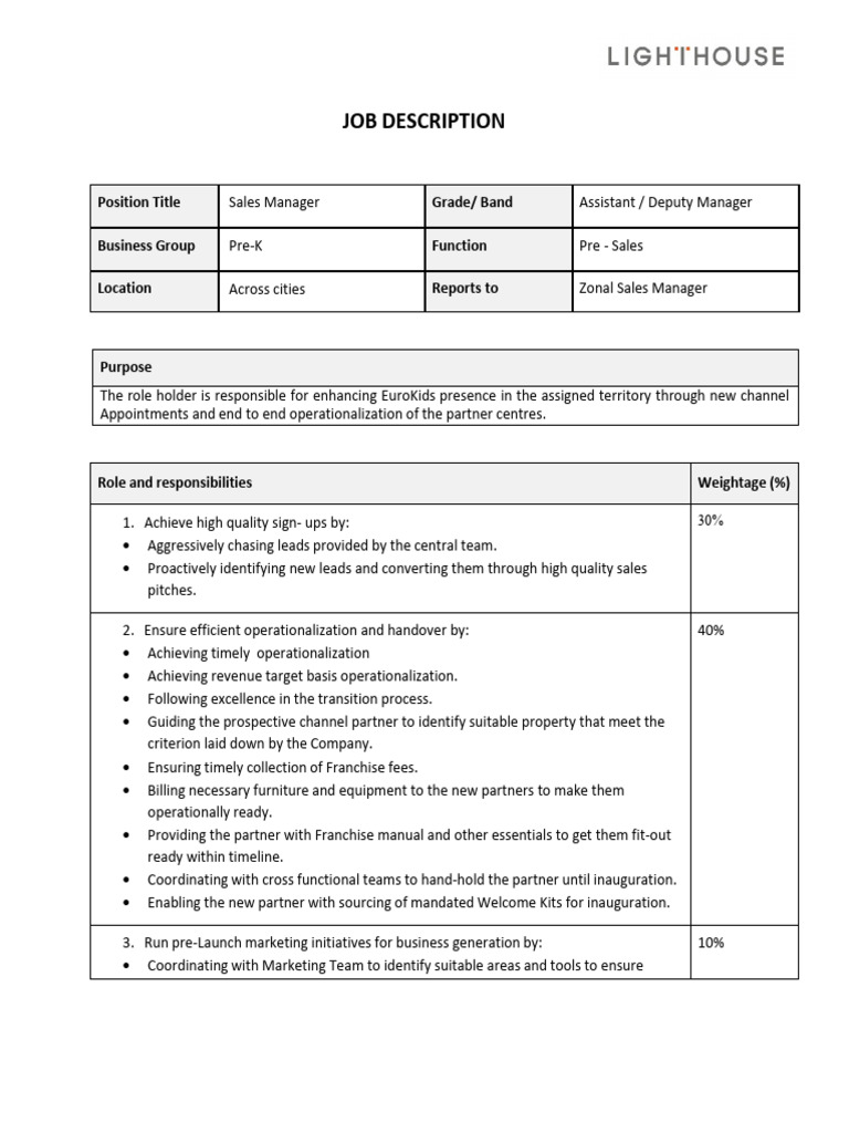 Job Description - Sales Manager - Euro Kids | PDF | Business | Social ...