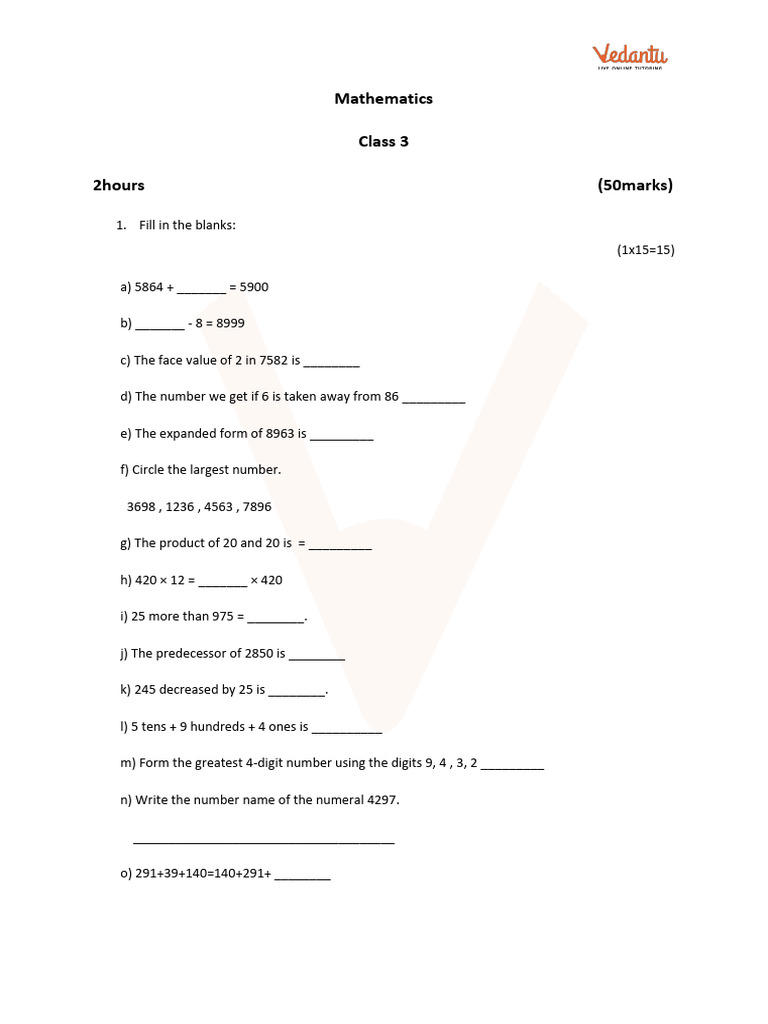 Class 3 Maths Question Paper | PDF | Arithmetic | Mathematics