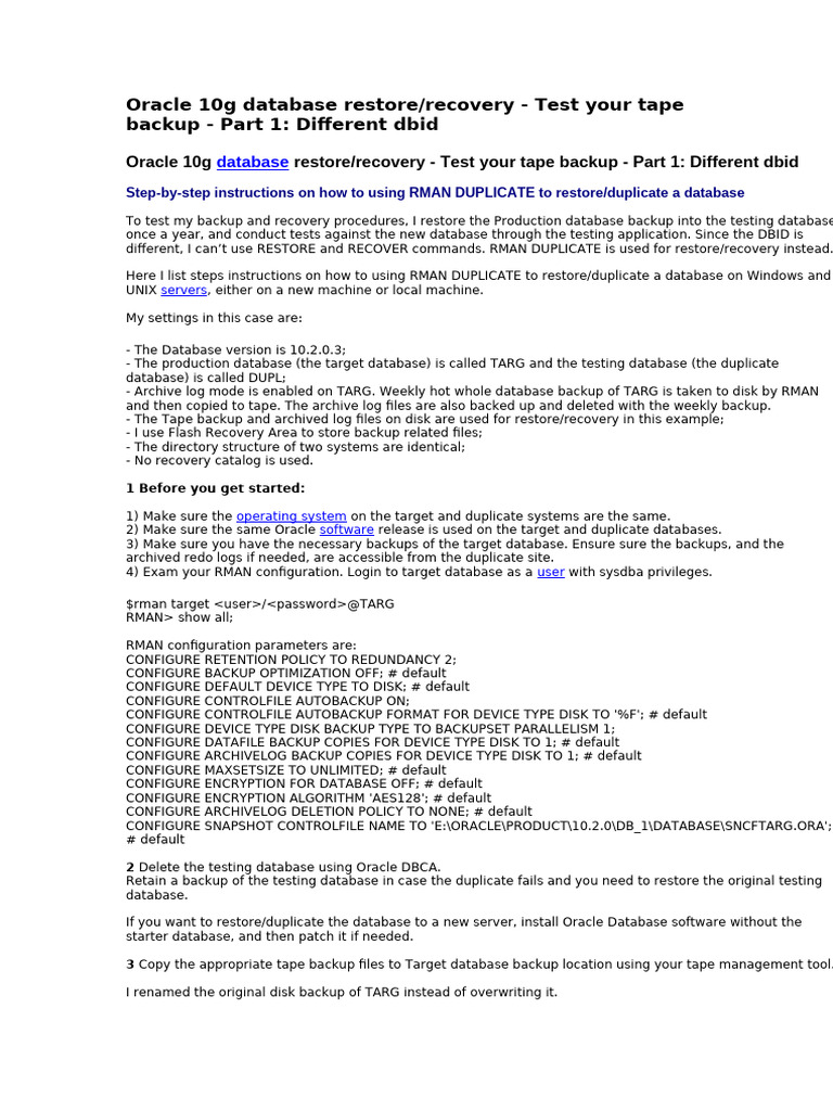 Oracle 10g Database Backup Restore Test | PDF | Backup | Computer File