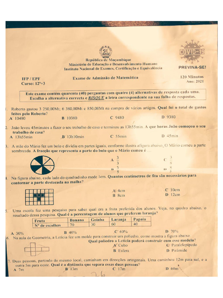 Exame de Matematica - IfP - 12+3 - 2021 | PDF