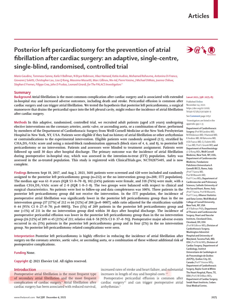 Posterior left pericardiotomy for the prevention of atrial fibrillation ...