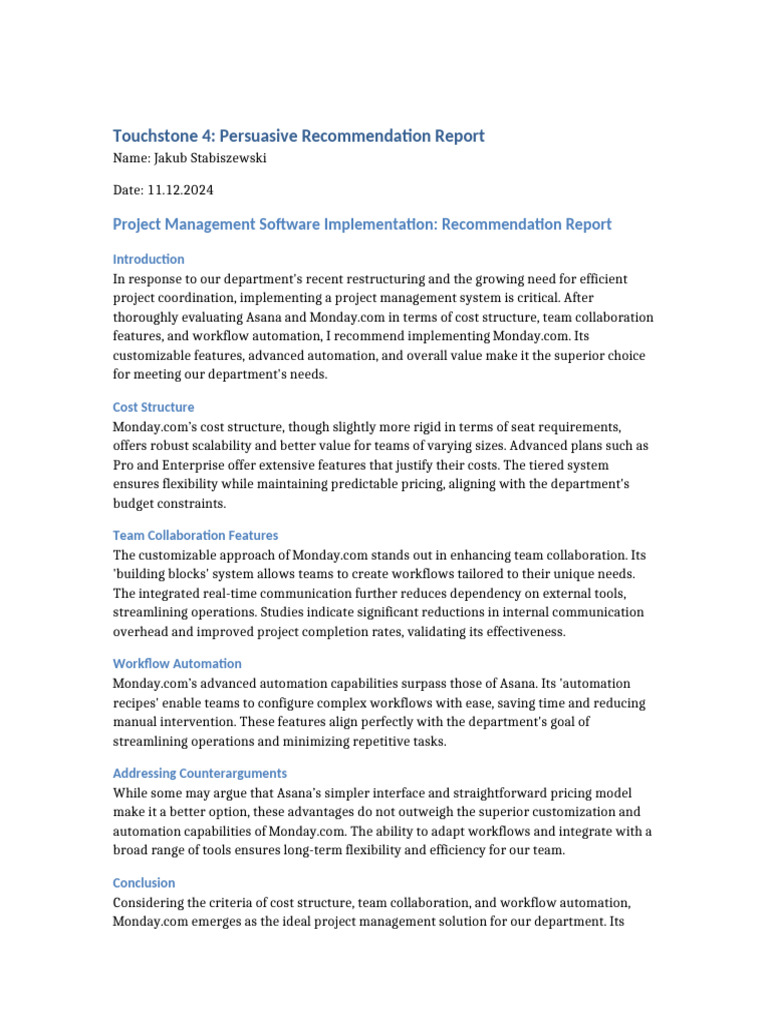 Jakub_Stabiszewski_Touchstone_4_Recommendation_Report_Final (1) | PDF ...