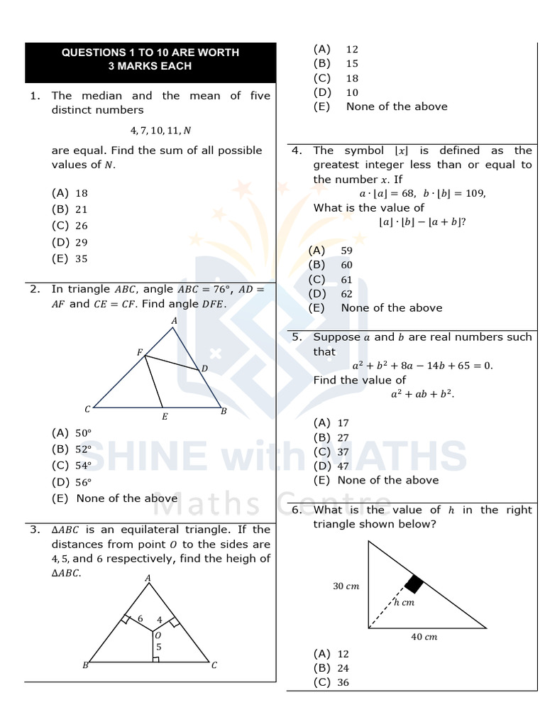 SEAMO 2023 Math Practice Questions | PDF | Area | Arithmetic