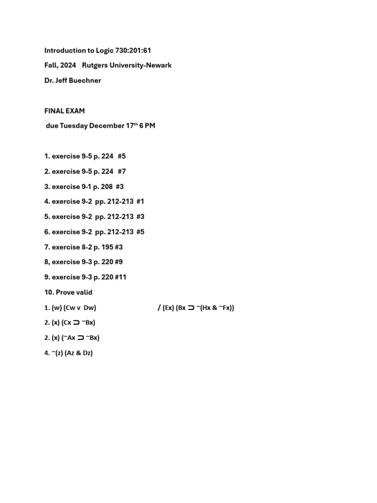 Face-To-Face Logic Fall 2024 Final Exam | PDF