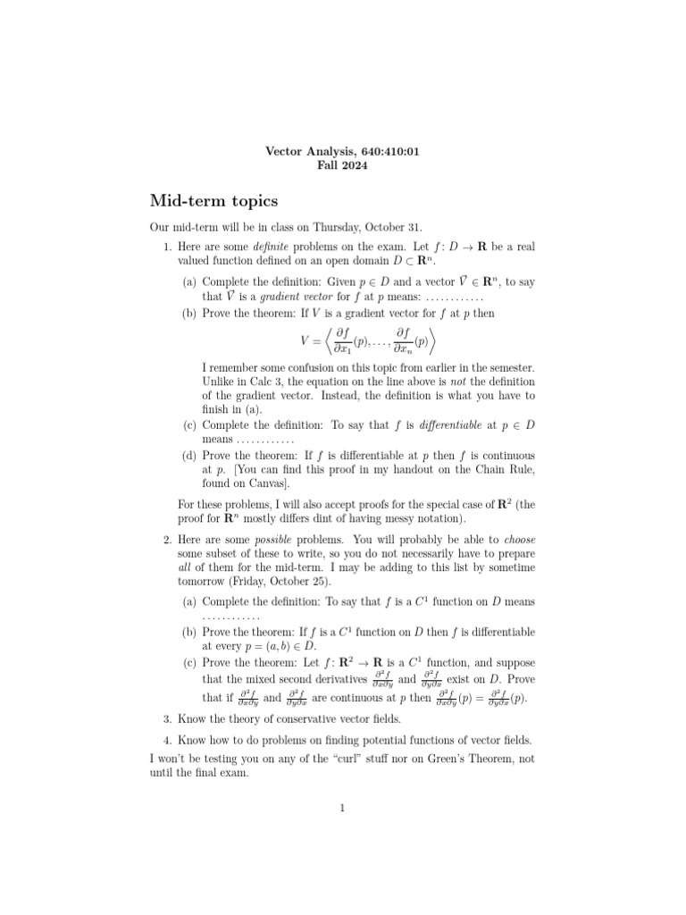 Vector Analysis Midterm Topics | PDF | Function (Mathematics) | Mathematical Proof