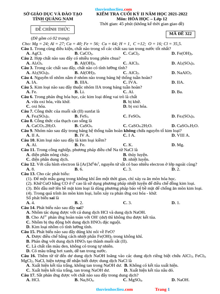 De Thi HK2 Hoa 12 So GD Quang Nam 2021 2022 | PDF