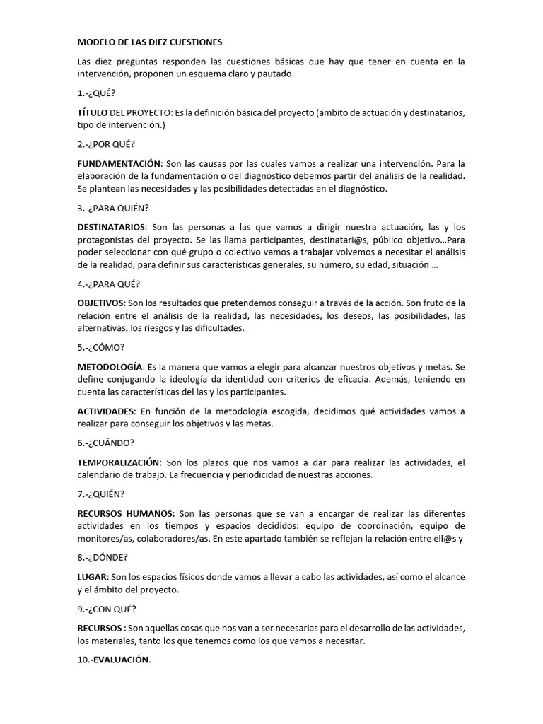 Modelo de Las Diez Cuestiones | PDF
