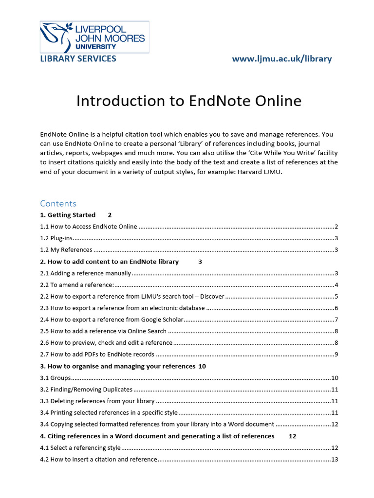 EndNote Online Guide for LJMU Users | PDF | Citation | Note (Typography)