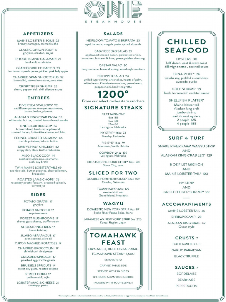 ONE Steakhouse Menu Dinner June 2024 Updated | PDF