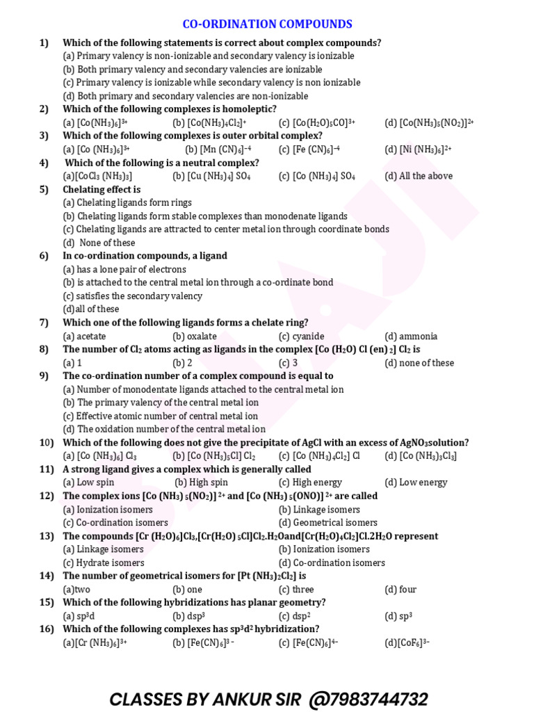 CHEMISTRY MCQ 12_CORDINATION HALOALAKNES HALOARENES | PDF | Coordination Complex | Ligand