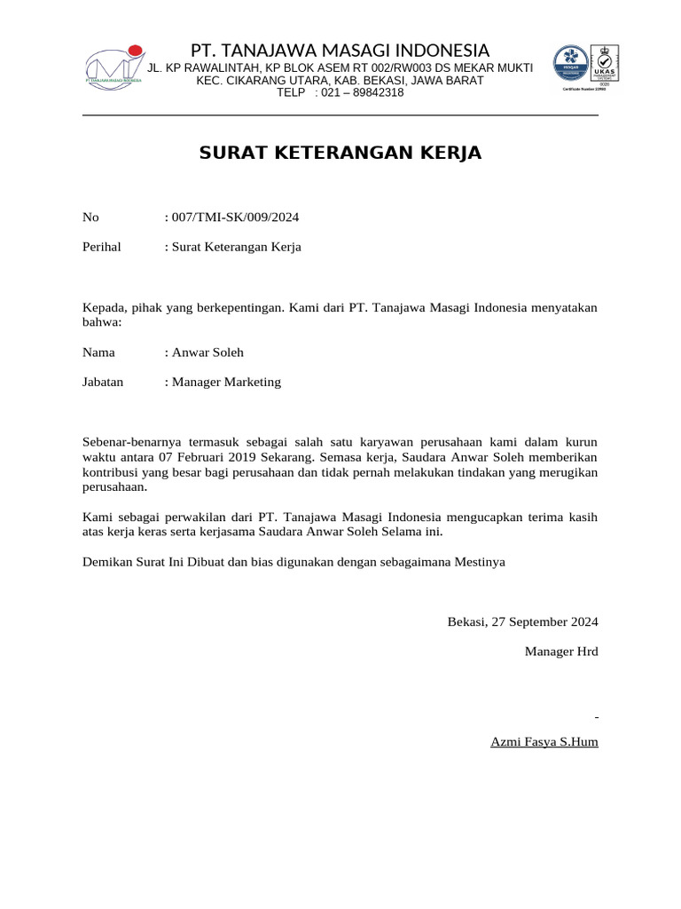 Contoh Surat Keterangan Kerja | PDF